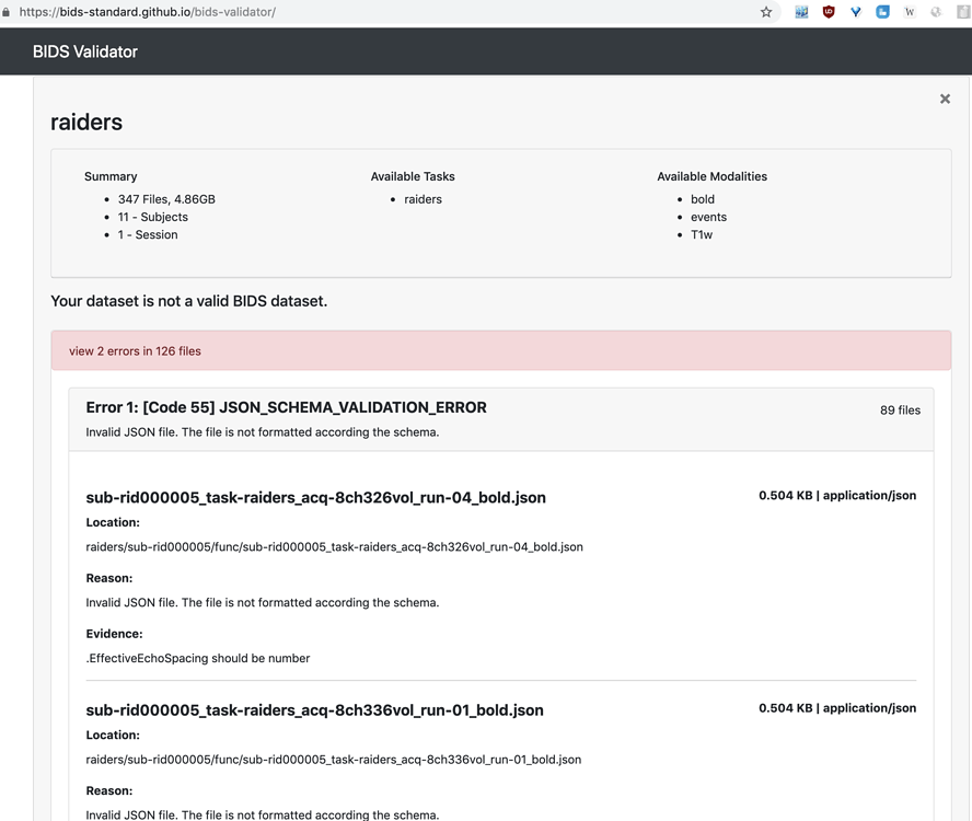 BIDS Validator Error Code 55 JSON SCHEMA VALIDATION ERROR